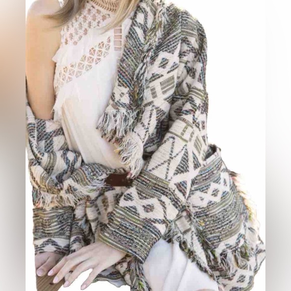 Zara | Sweaters | Zara Basiccardigan Womens Ml Tweed Aztec Print Open Front Pockets Fringe Hem ...